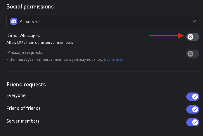 How can I turn off Direct Messages (DM) in Discord?