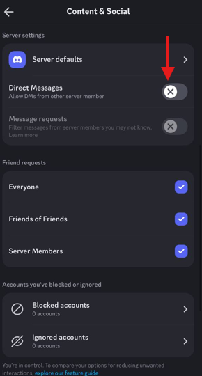 How can I turn off Direct Messages (DM) in Discord?
